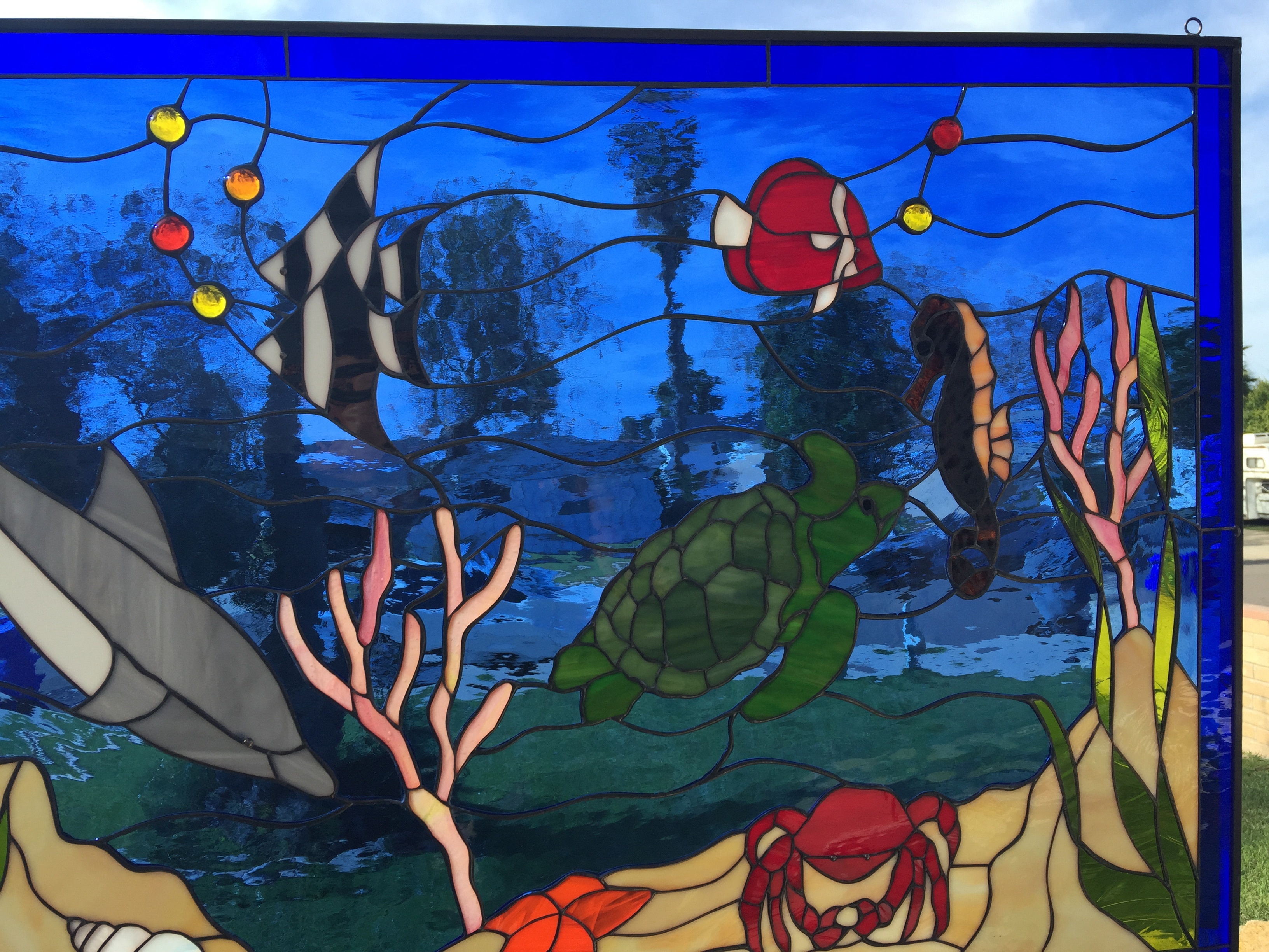 Dolphin & Seahorse Leaded Stained Glass Window Panel ...