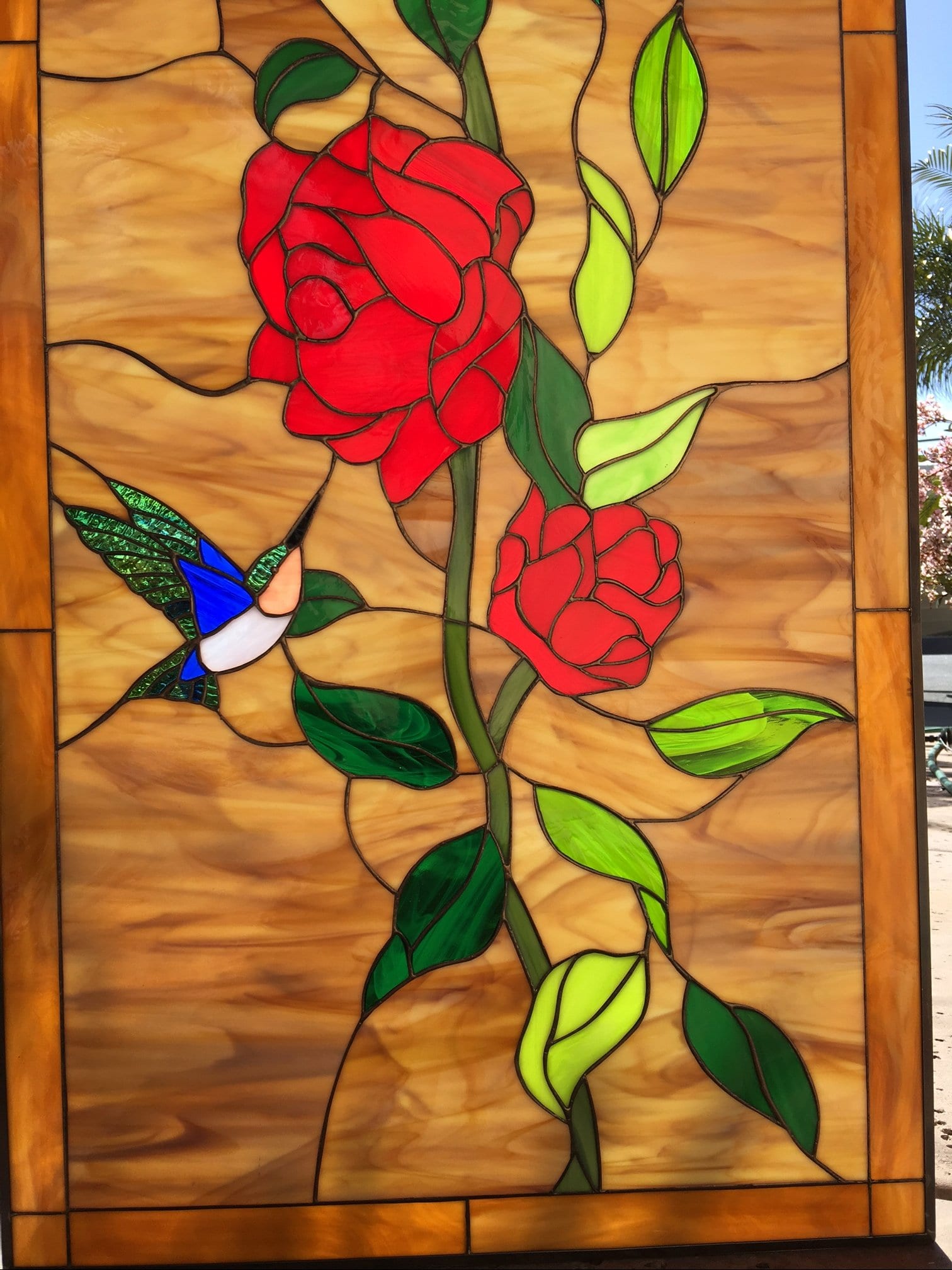 Elegant ! Hummingbird & Red Roses Leaded Stained Glass Window Panel ...