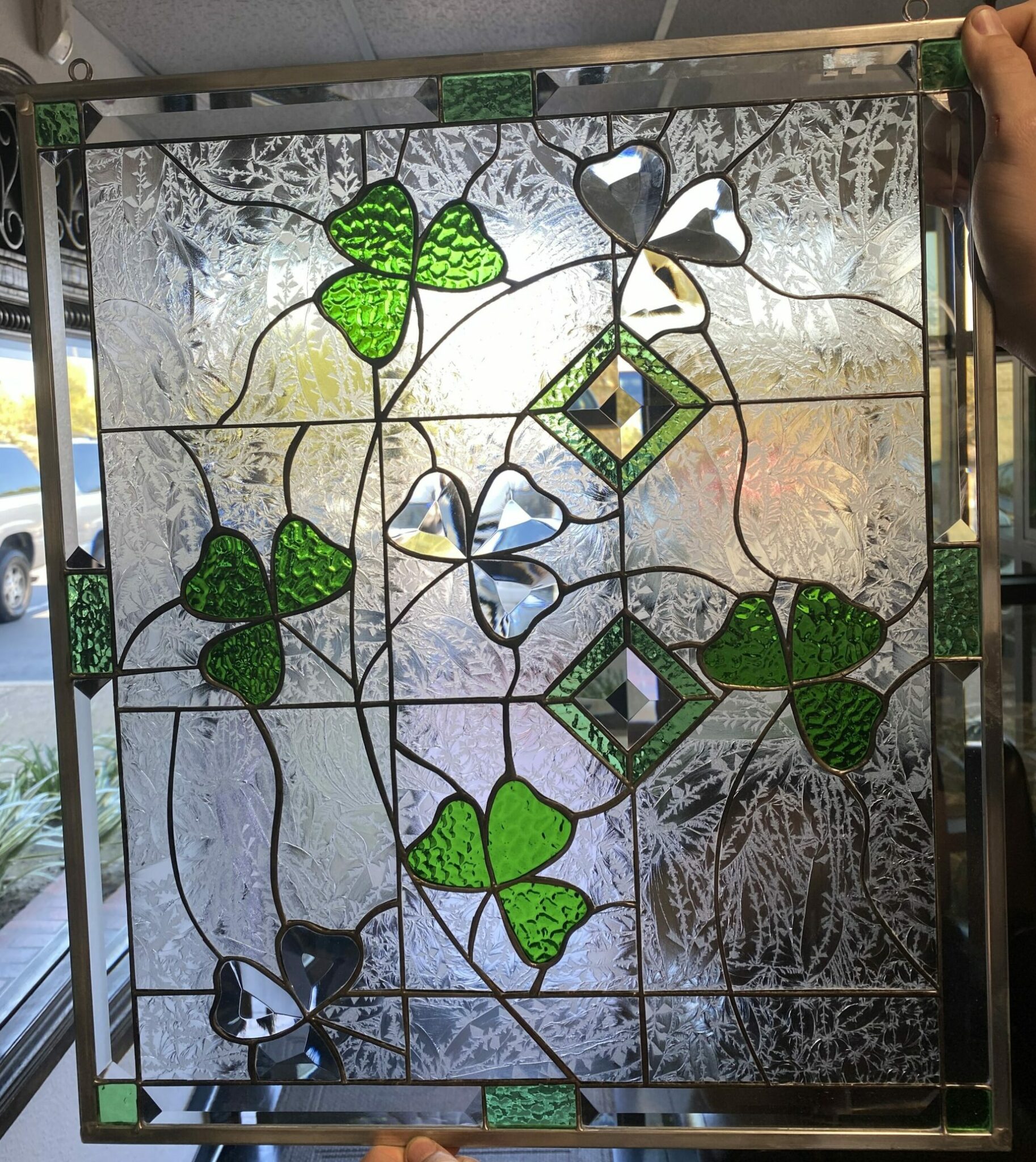 Beveled Shamrocks Leaded Stained Glass Window Panel