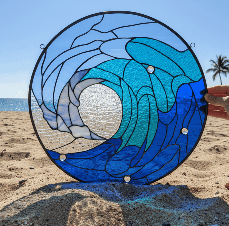 Deep Blue! Cresting Ocean Wave Leaded Stained Glass Window