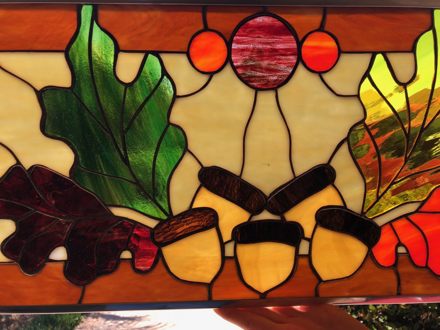 Autumn Leaves & Acorns Leaded Stained Glass Window Panel