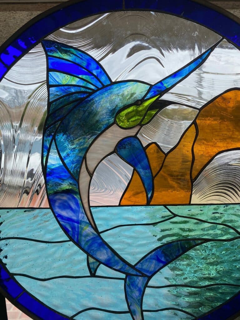 Thrashing Blue Marlin Leaded Stained Glass Window Panel
