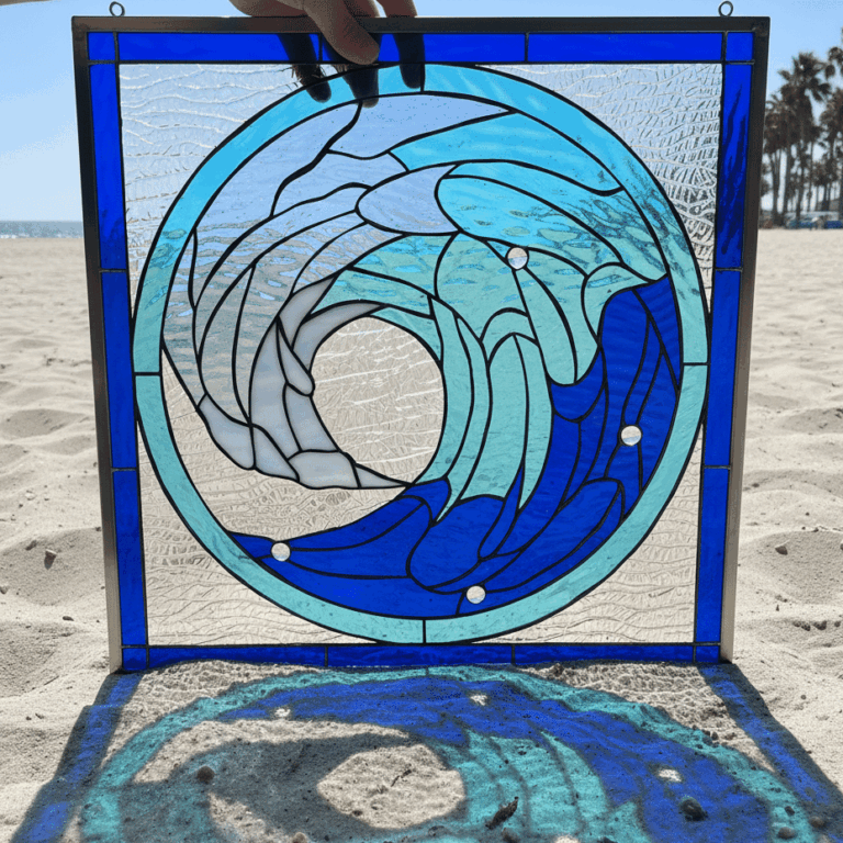 Beautiful Cresting Blue Wave Leaded Stained Glass Window Panel