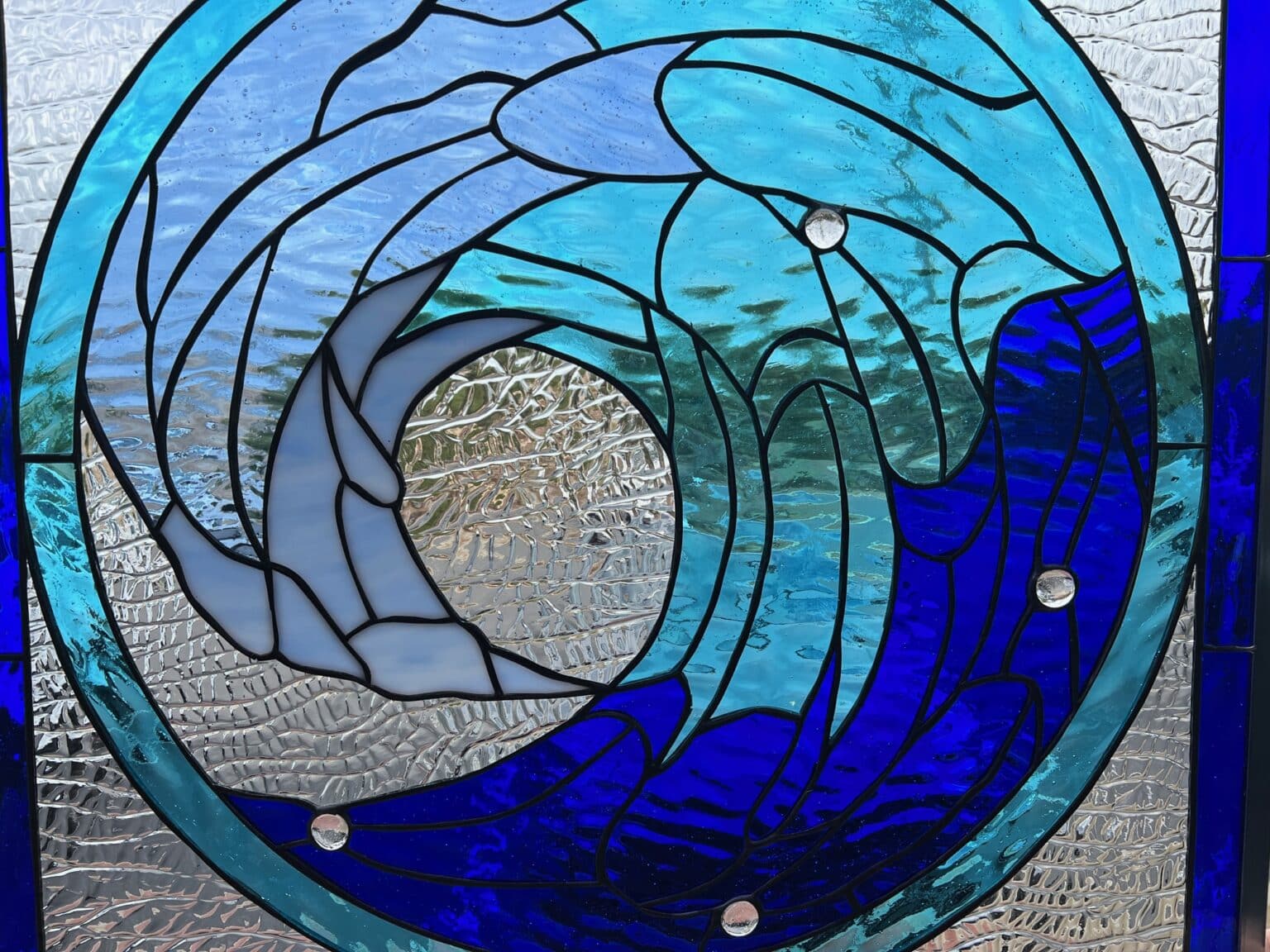 Beautiful Cresting Blue Wave Leaded Stained Glass Window Panel