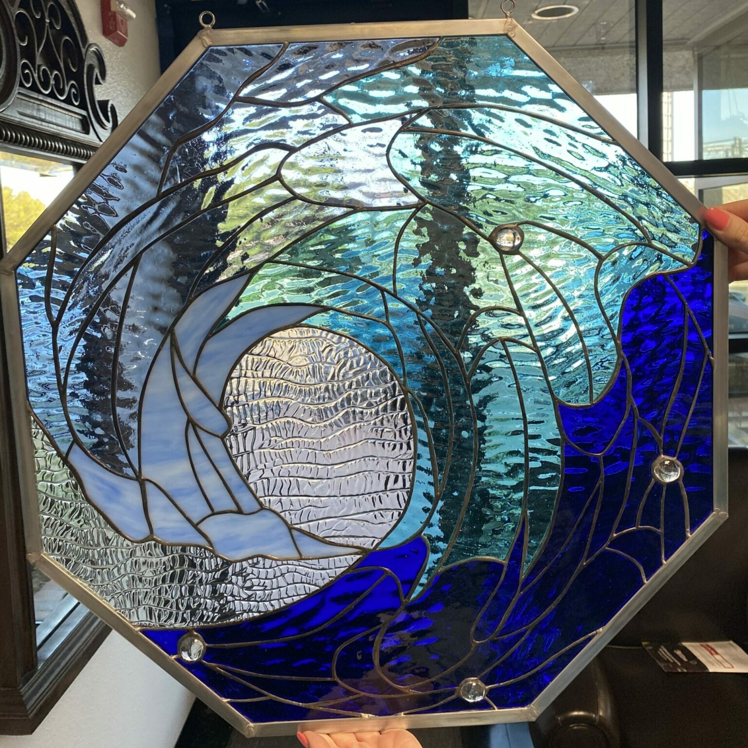 Octagonal Shaped Cresting Wave Stained Glass Window Panel