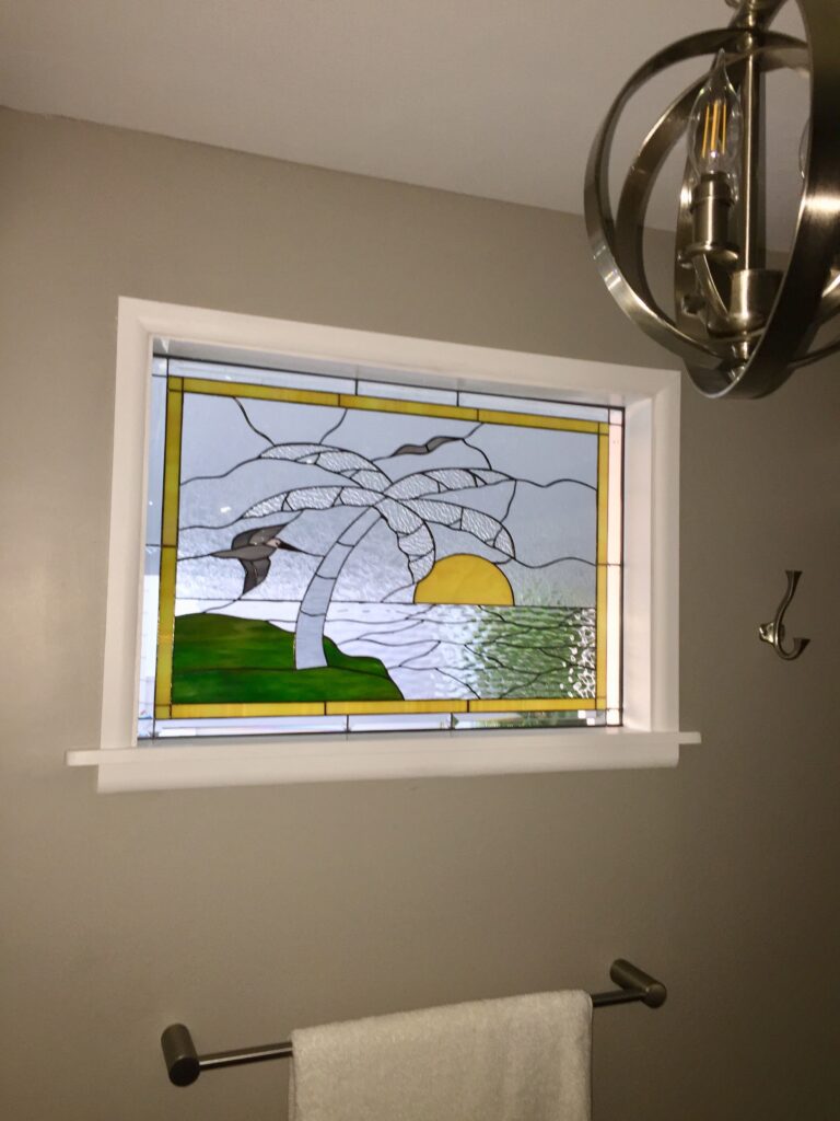 Palm Tree And Seagull Stained Glass Window In Bathroom