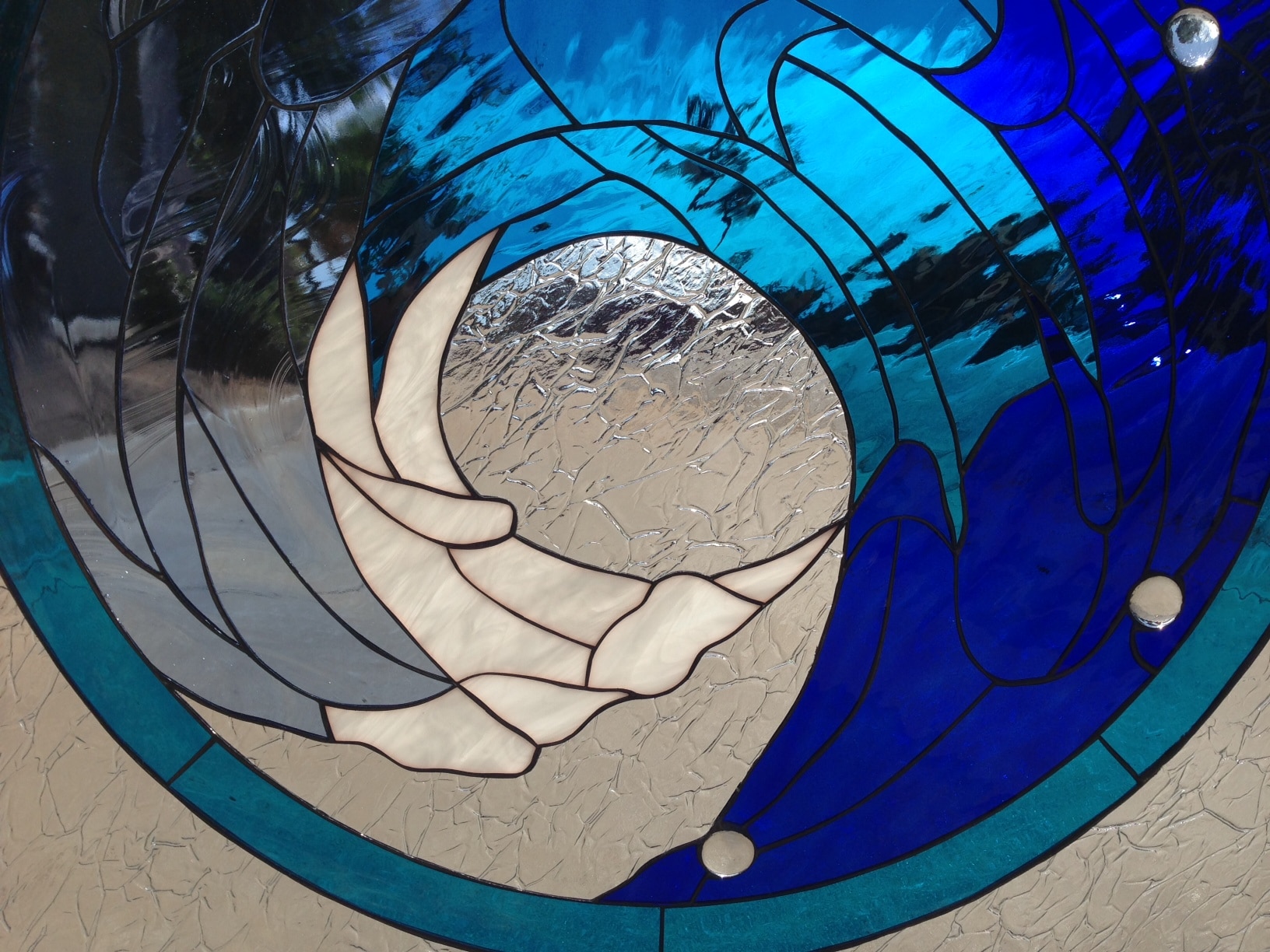 Beautiful Cresting Blue Wave Leaded Stained Glass Window Panel