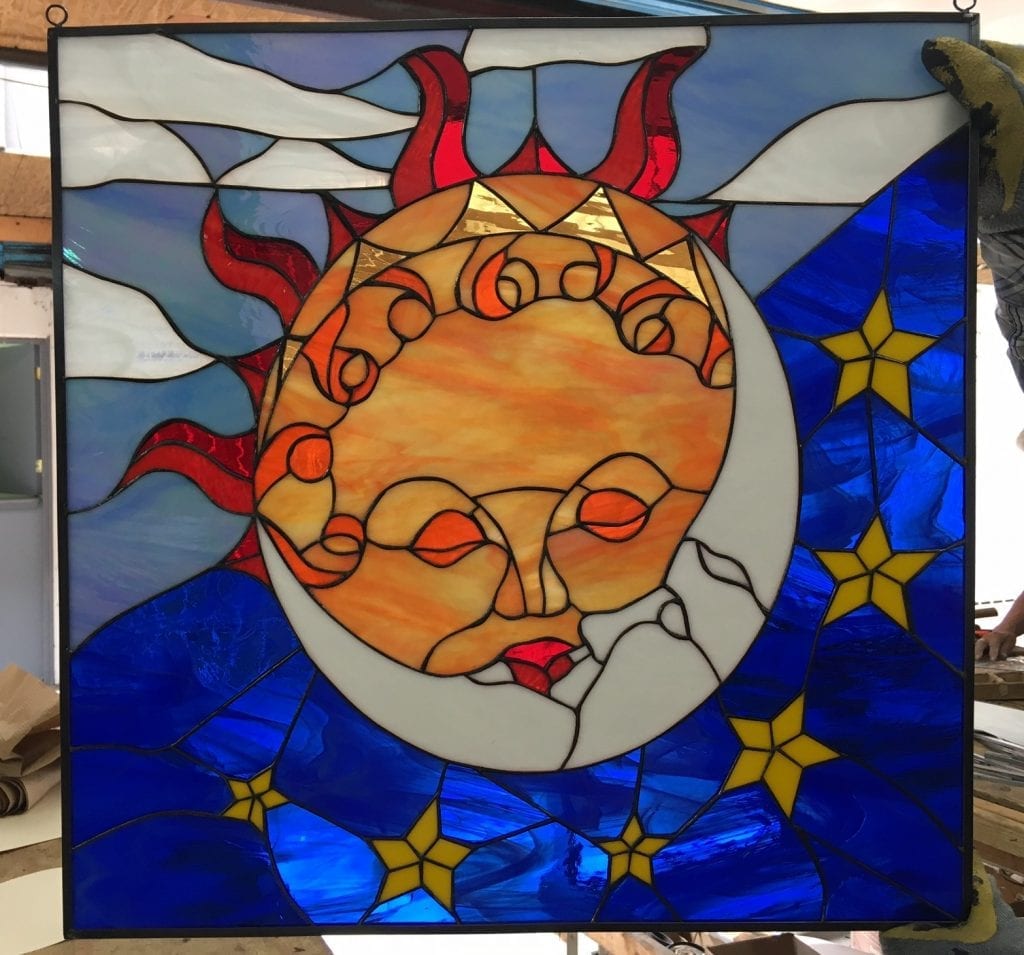 Kissing Sun & Moon Stained Glass Window Suspended With Chain