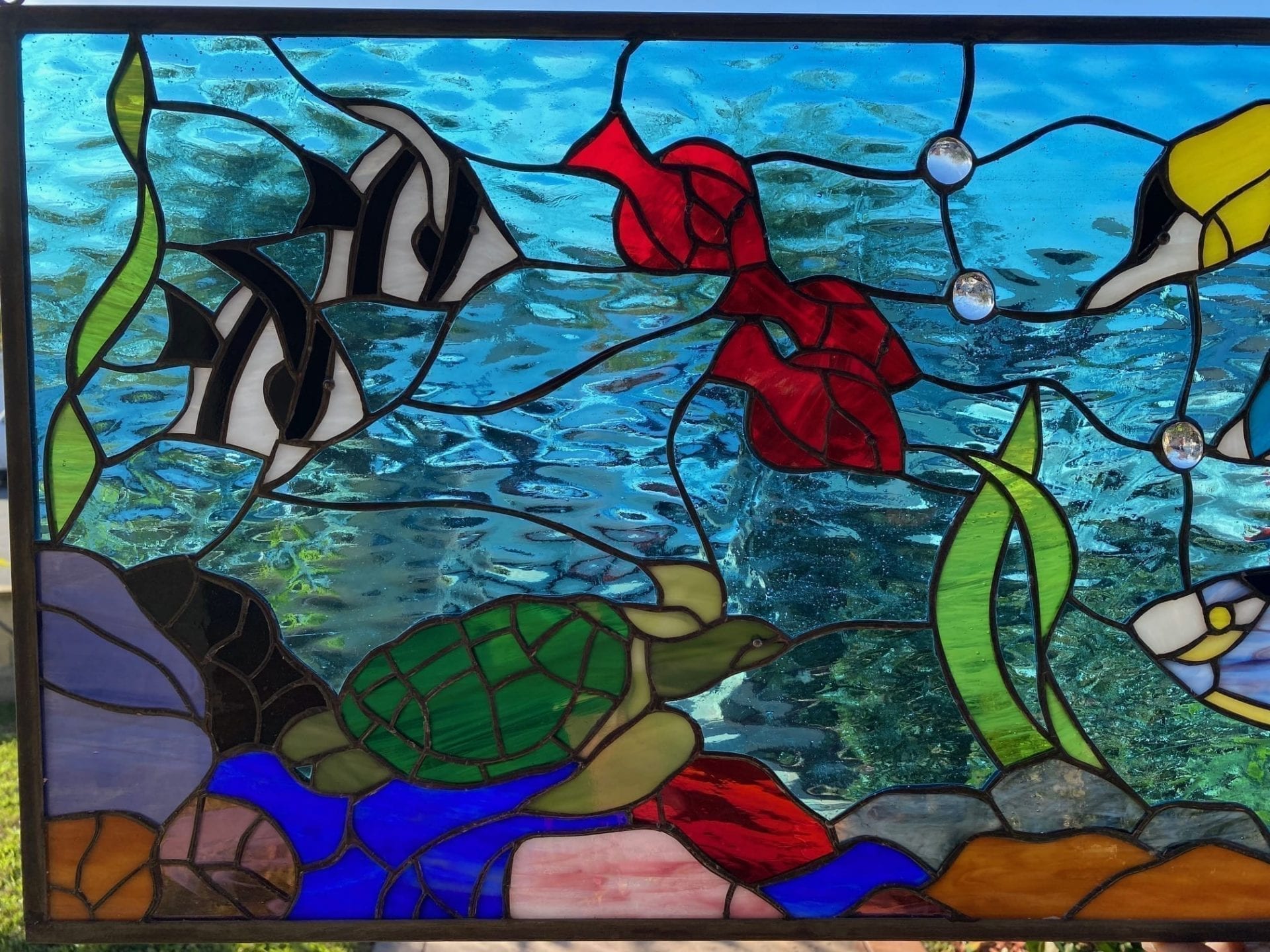 Vibrant! Turtle, Triggerfish And Coral Sea Life Stained Glass Window