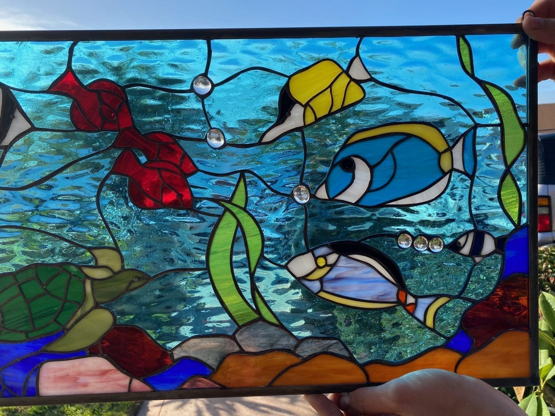 Vibrant! Turtle, Triggerfish And Coral Sea Life Stained Glass Window