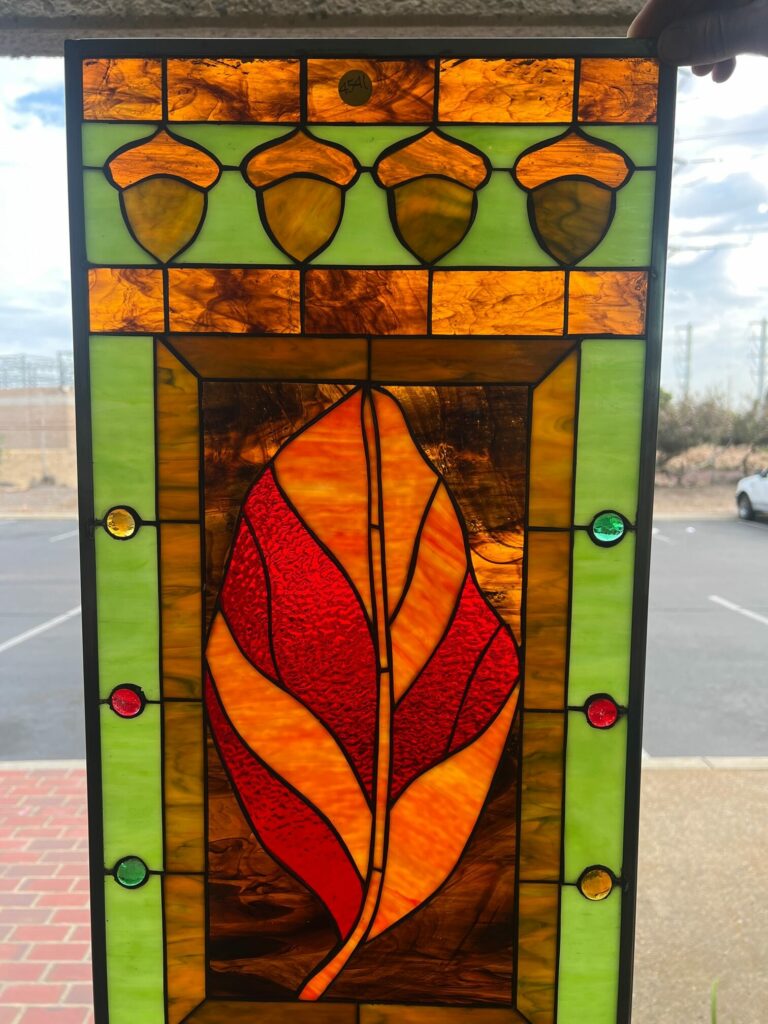 Vibrant Autumn Oak Leaf & Acorn Stained Glass Window Panel