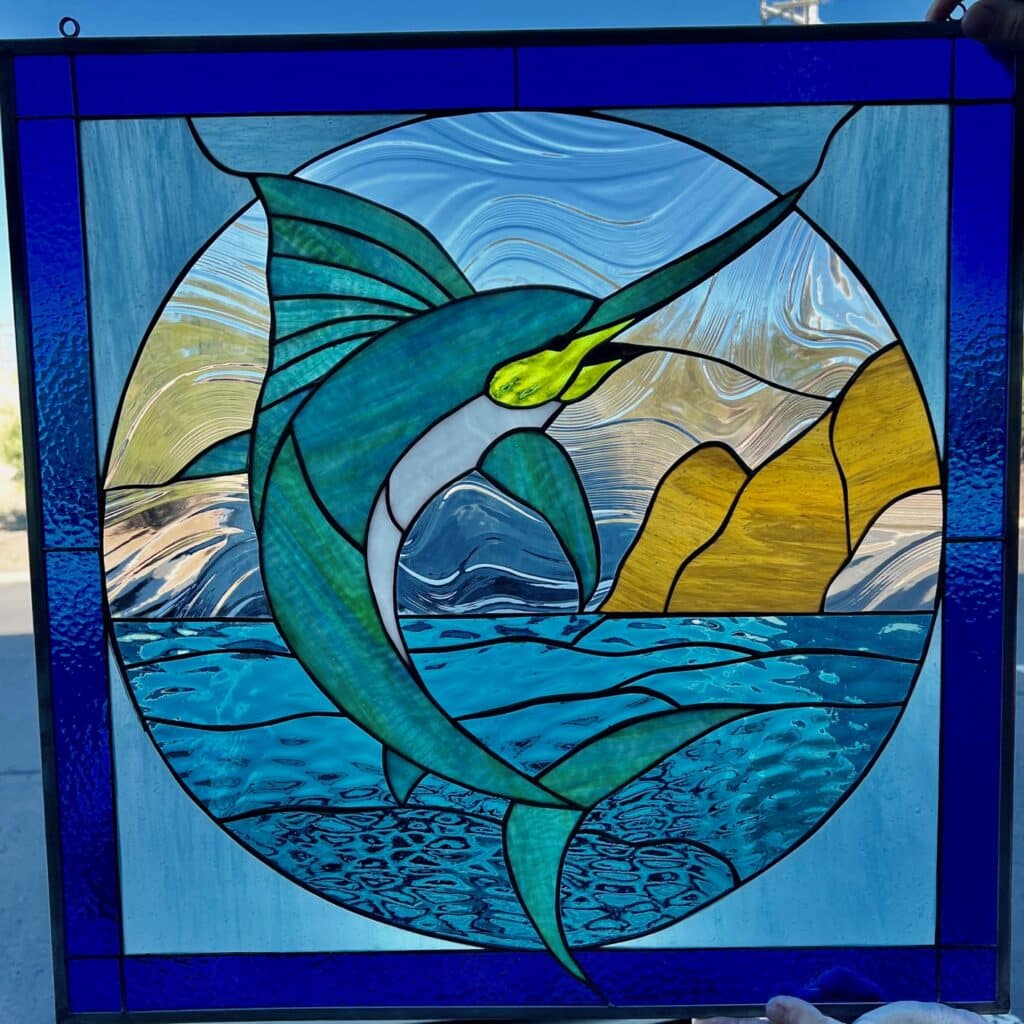 Thrashing Marlin in Cabo San Lucas Stained Glass Window Panel
