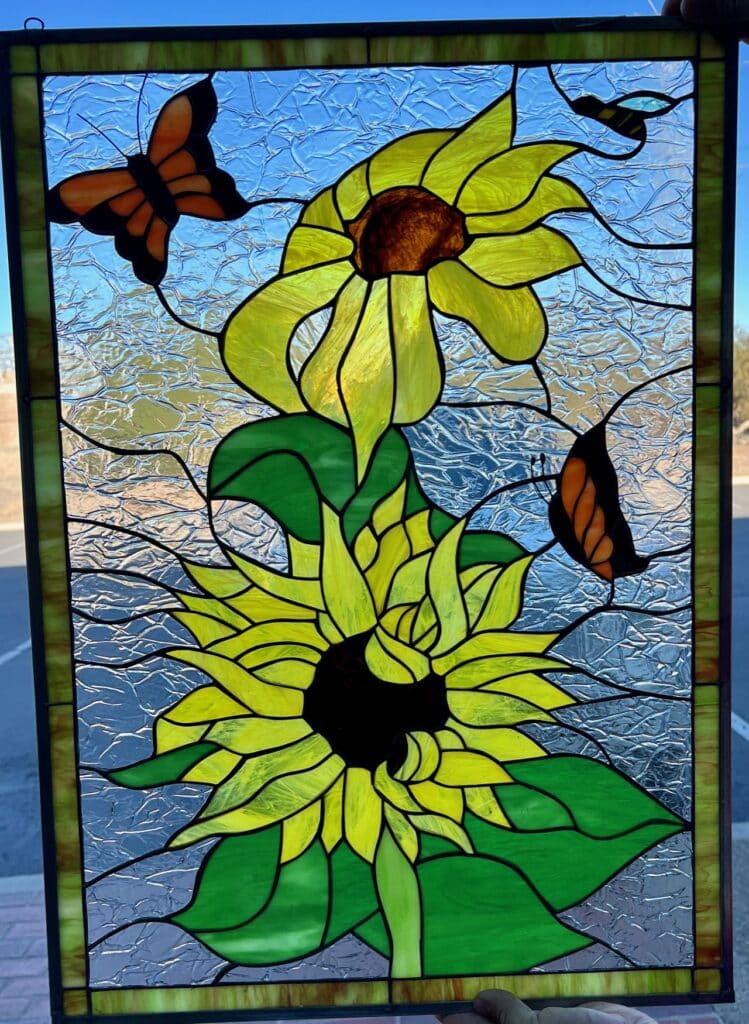Sunflower, Butterfly & Bumblebee Stained Glass Window Panel