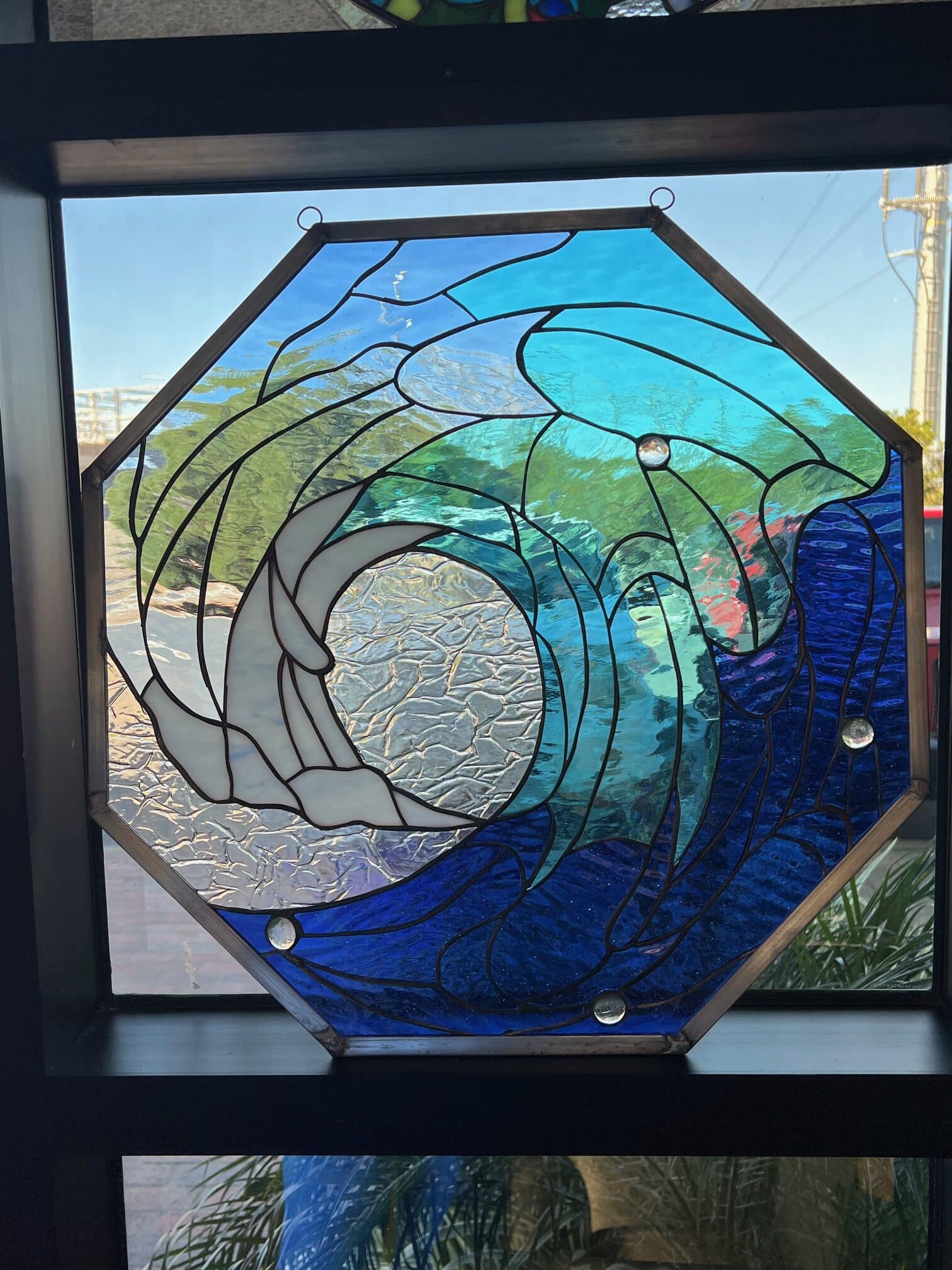 Octagon Cresting Wave Leaded Stained Glass Window Panel