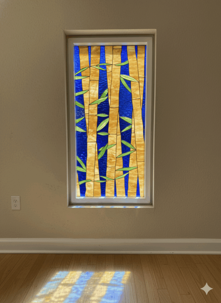Stained Glass Bamboo & Deep Blue Sky Stained Glass Window Vinyl Framed ...