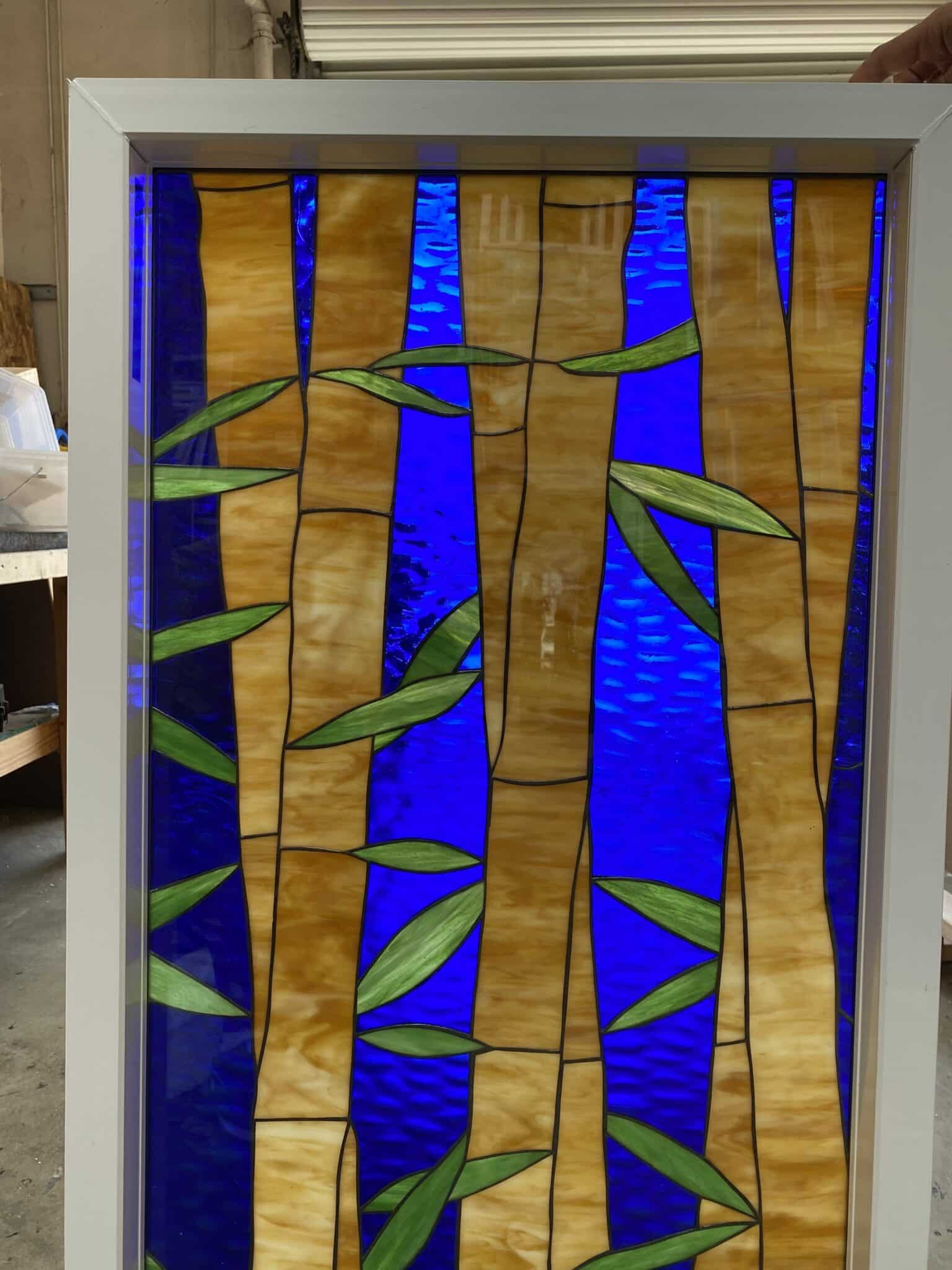 Stained Glass Bamboo & Deep Blue Sky Stained Glass Window Vinyl Framed ...