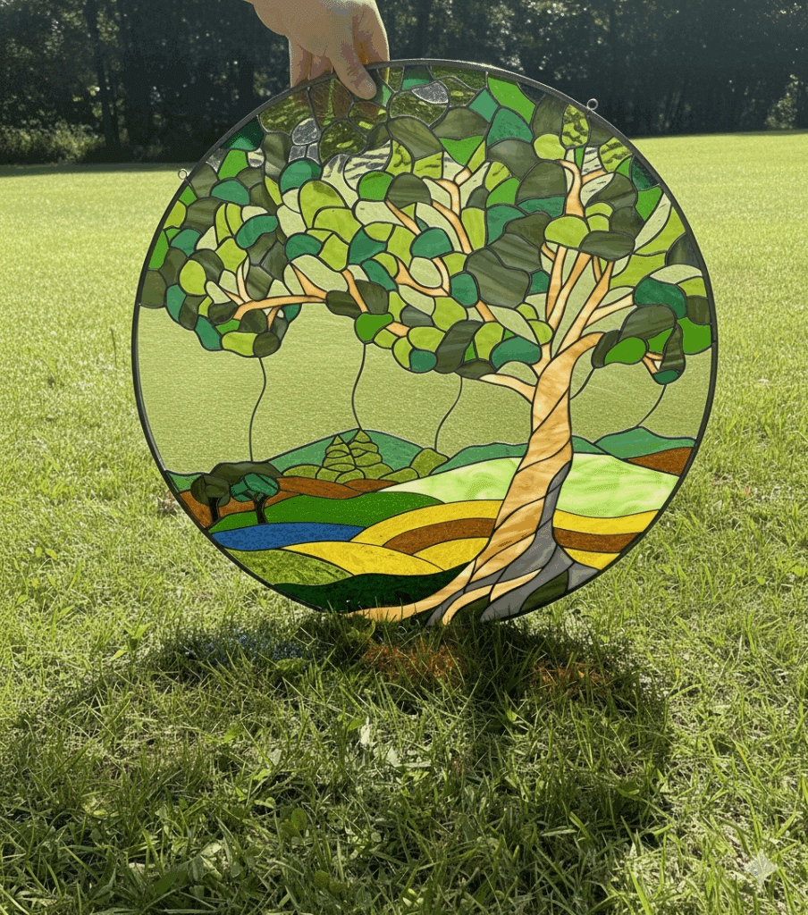 Colorful Tree Of Life Round Stained Glass Window