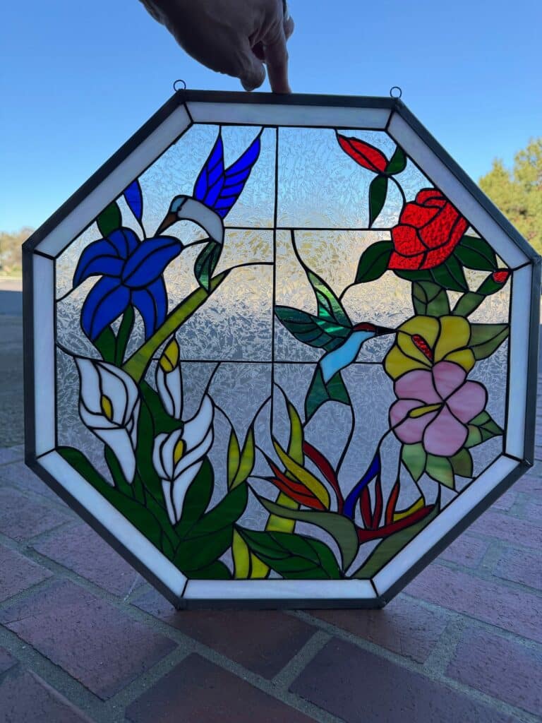 Hummingbird & Flower Paradise Octagonal Stained Glass Window